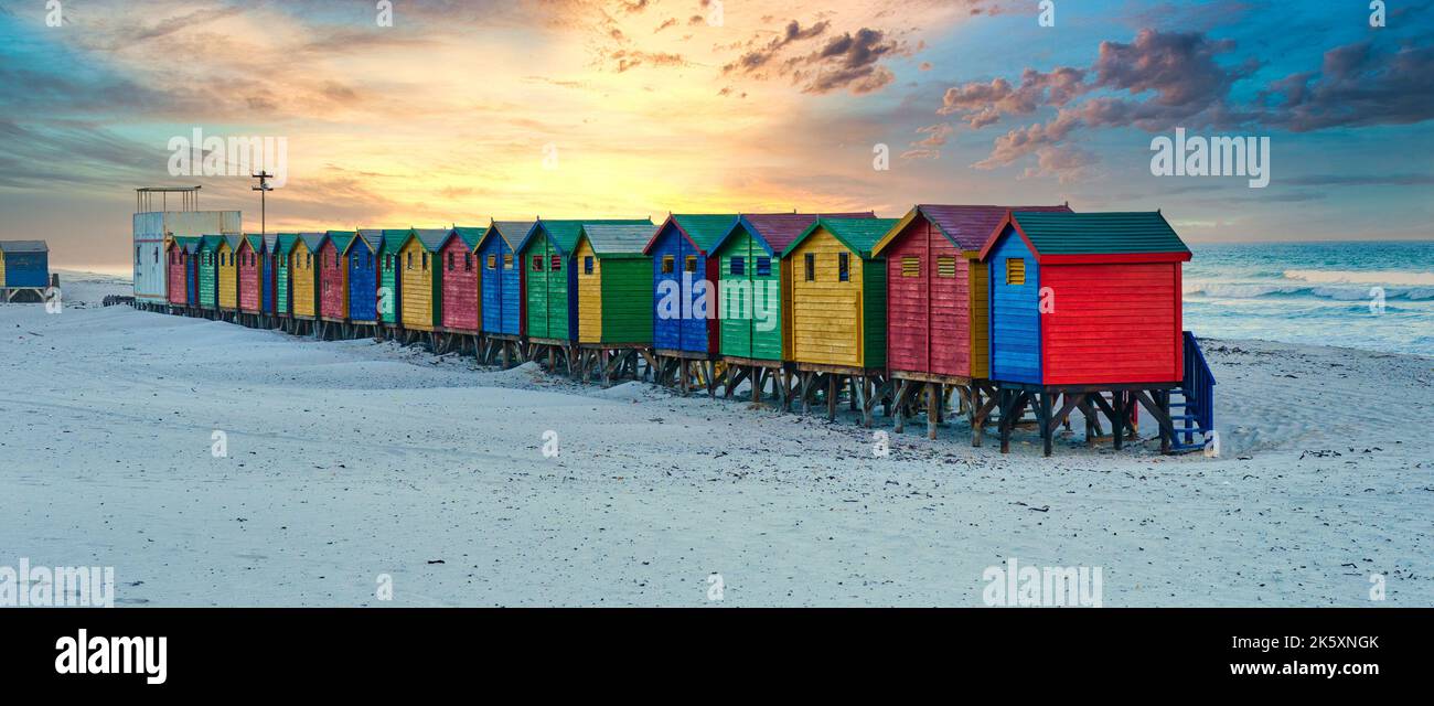 Sunset over iconic change rooms at Muizenberg, Cape Town, South Africa ...