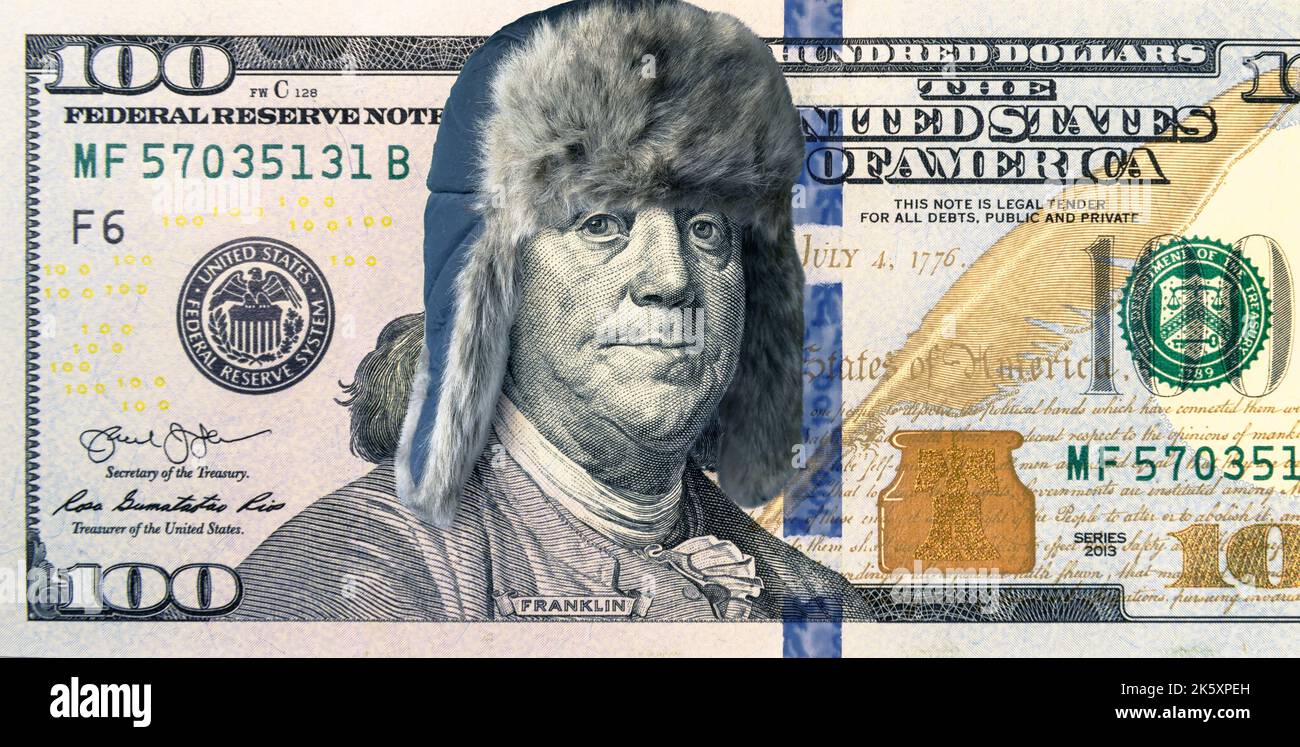 Energy crisis and money, 100 dollar bill with winter hat, president ...