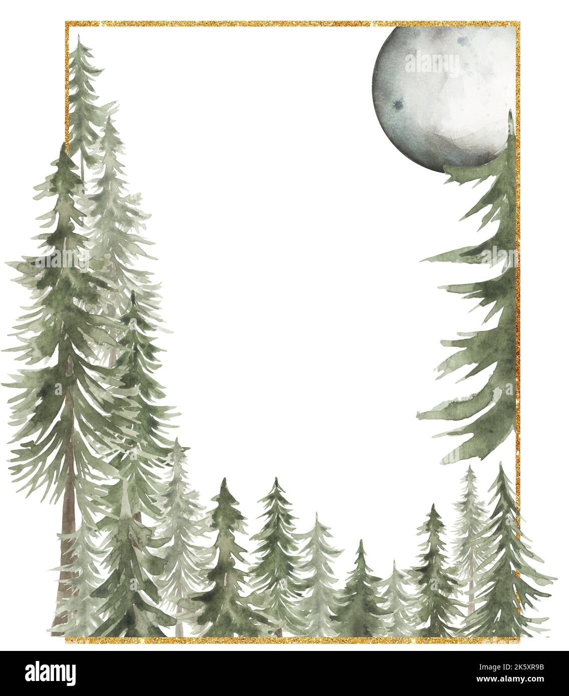 Watercolor woodland and mountains frame illustration, forest background ...