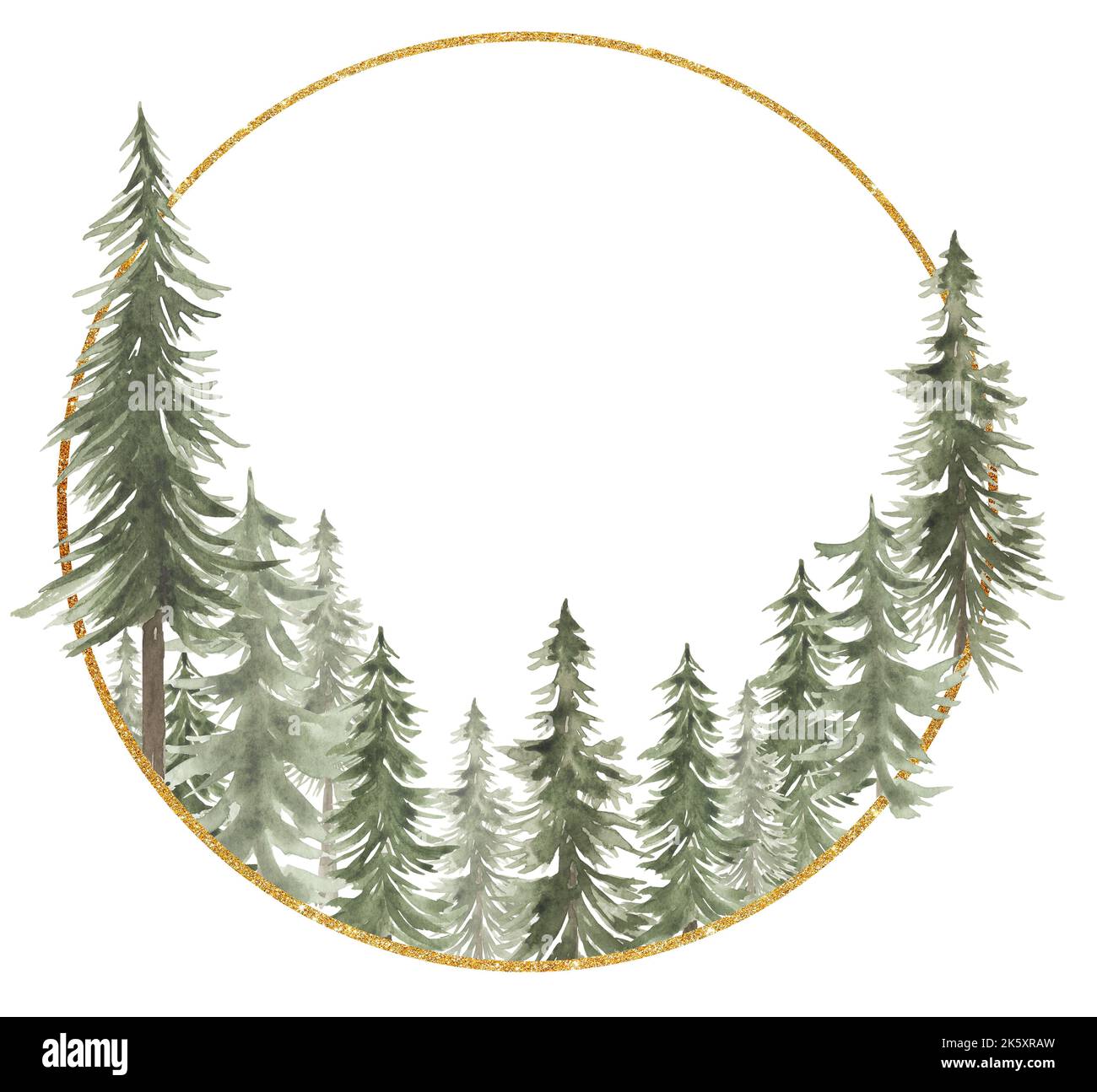 Watercolor woodland and mountains frame illustration, forest background ...