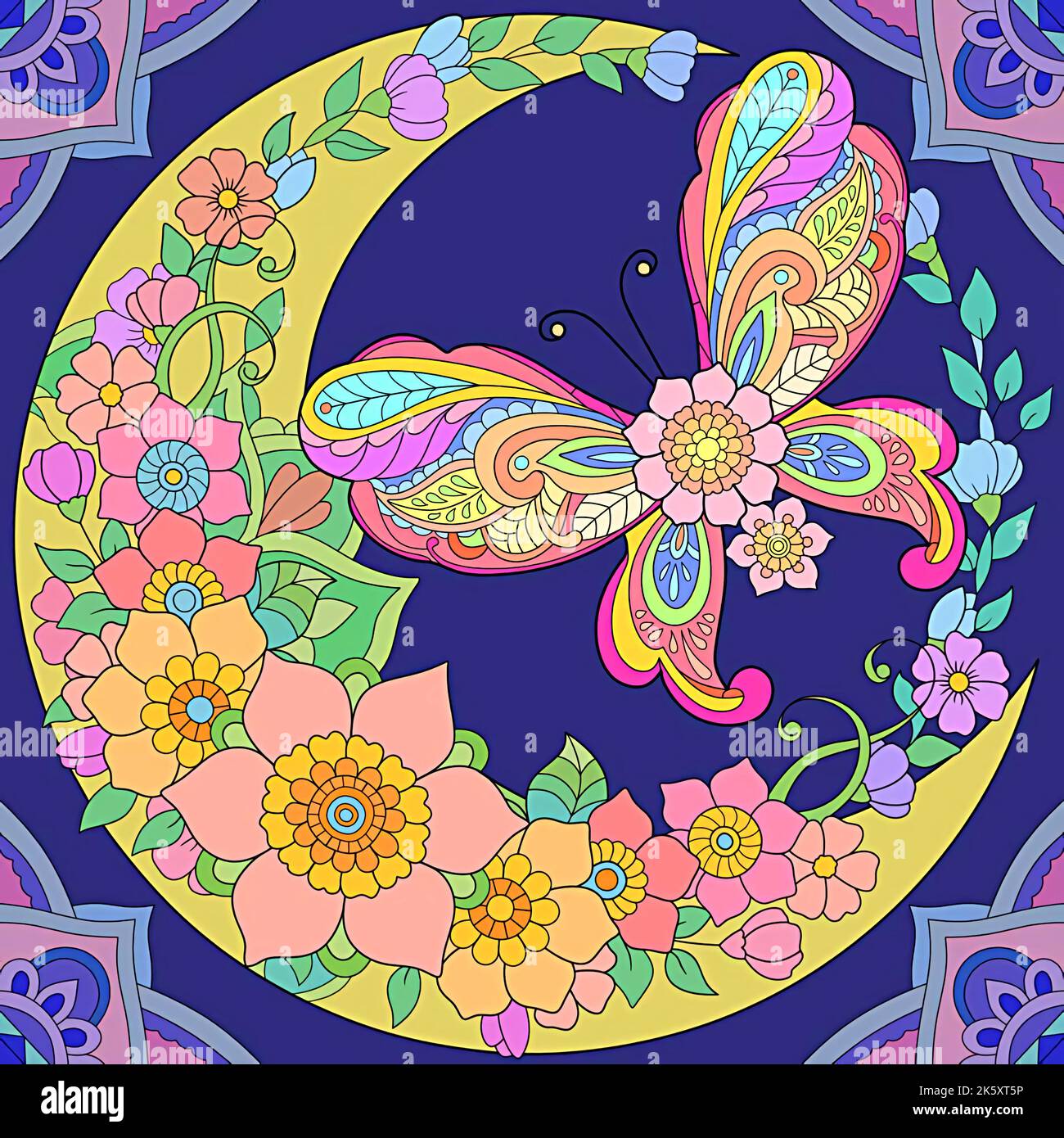 illustration of a flower pattern forming a crescent moon and a ...