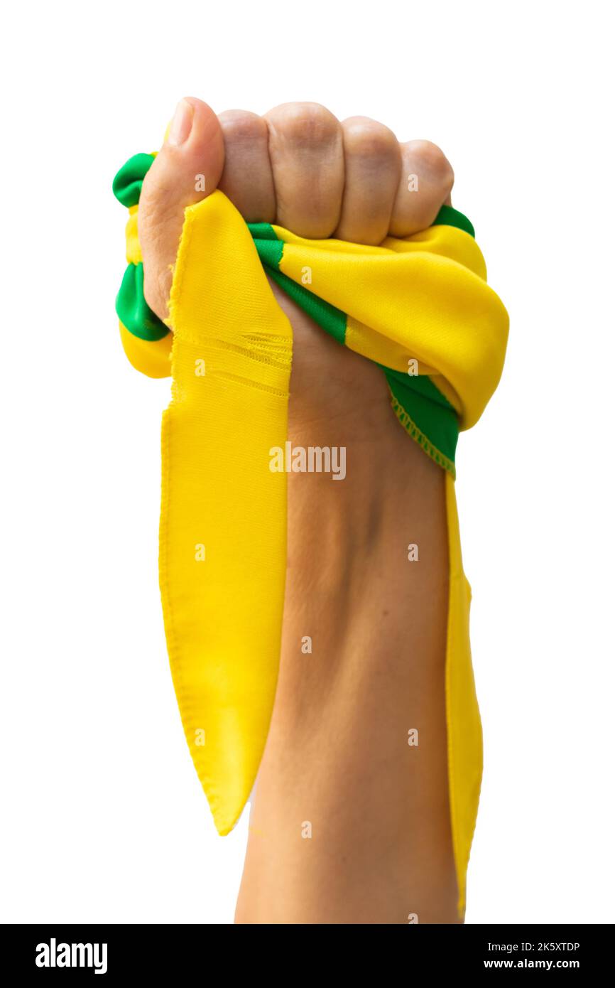 Holding green and yellow ribbons of Brazil flag isolated on white ...