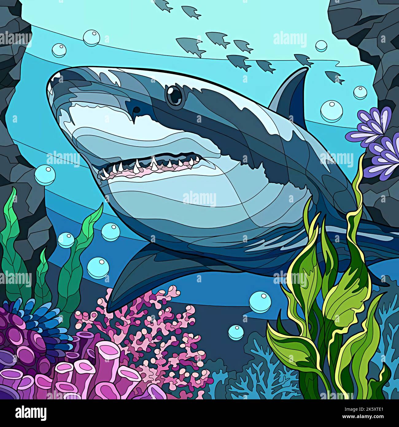 a picture of a shark, plants and some small fish shadows under the sea ...