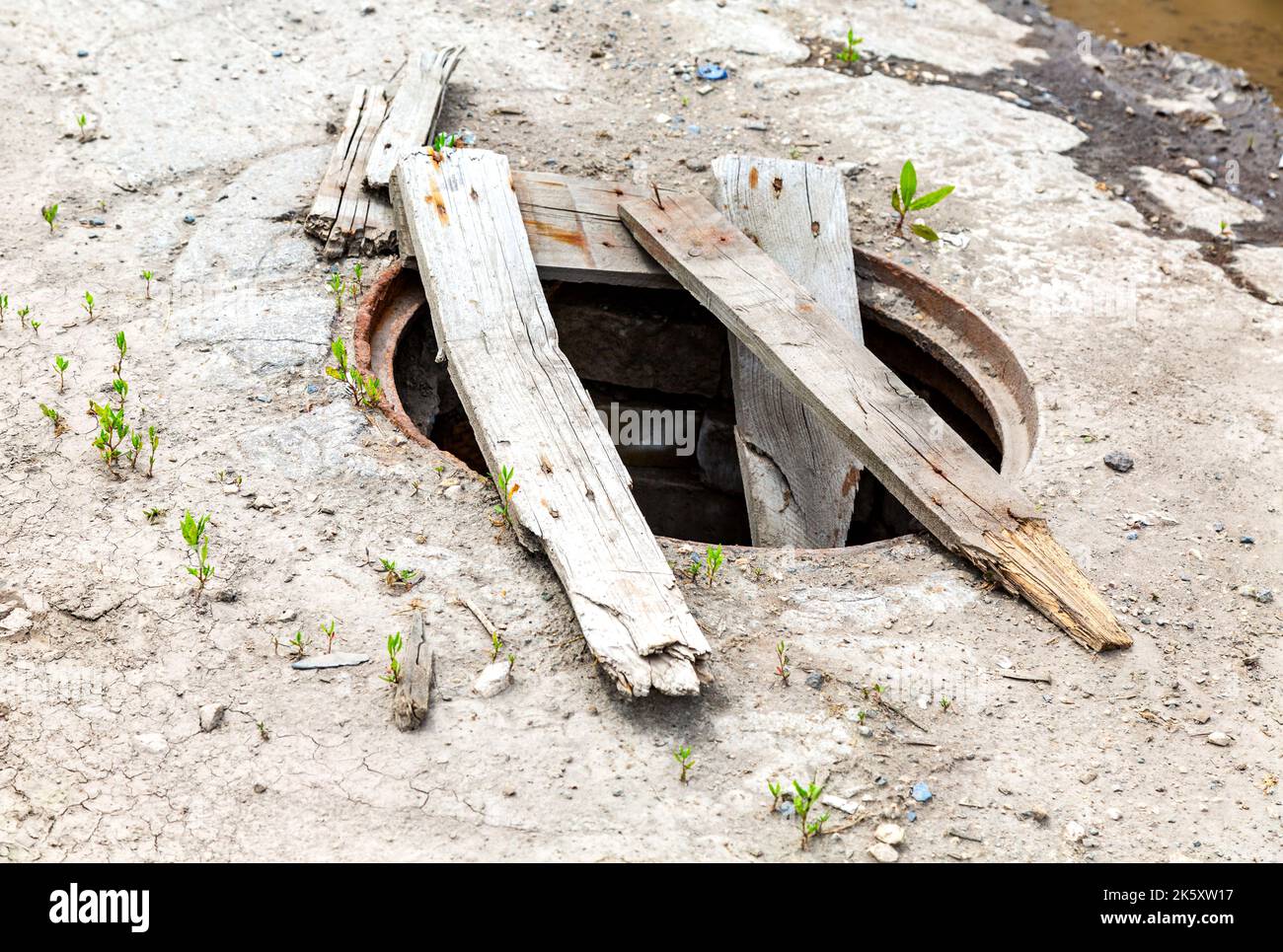 Open unsecured sewer manhole on the city street Stock Photo - Alamy