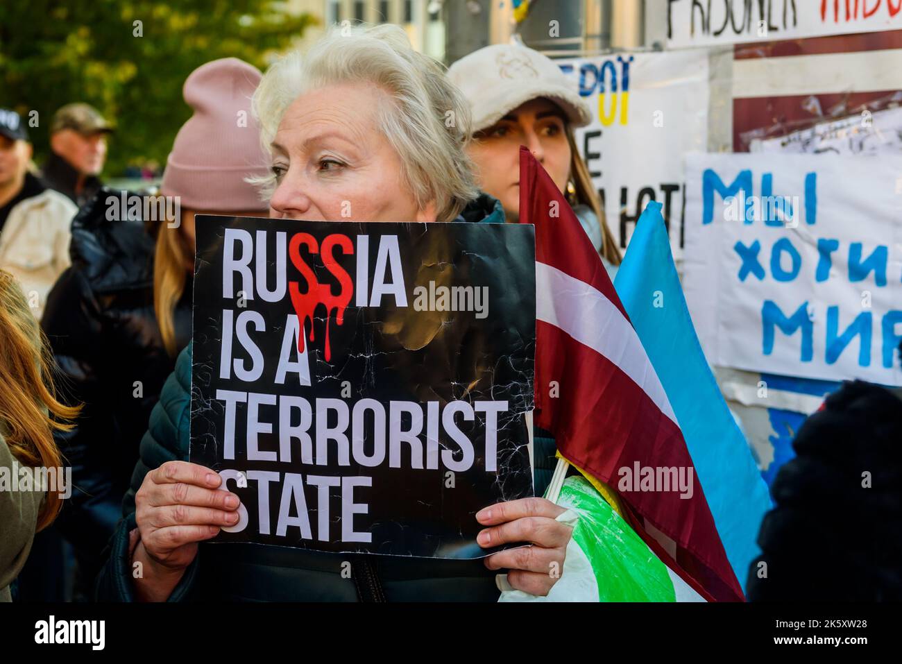 RIGA, LATVIA. 10th October 2022. People condemns Russian airstrikes on ...