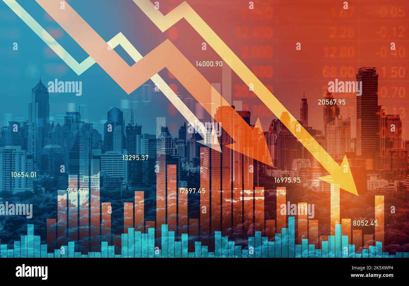 Economic crisis concept shown by declining graphs and digital ...