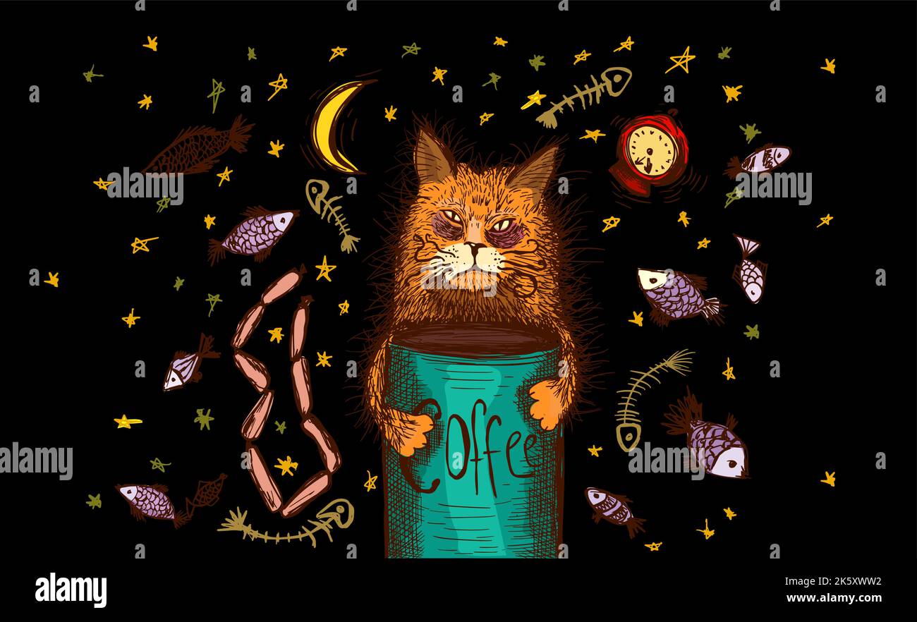 Sleepy cat with a cup of coffee. Cup printing on a black background ...