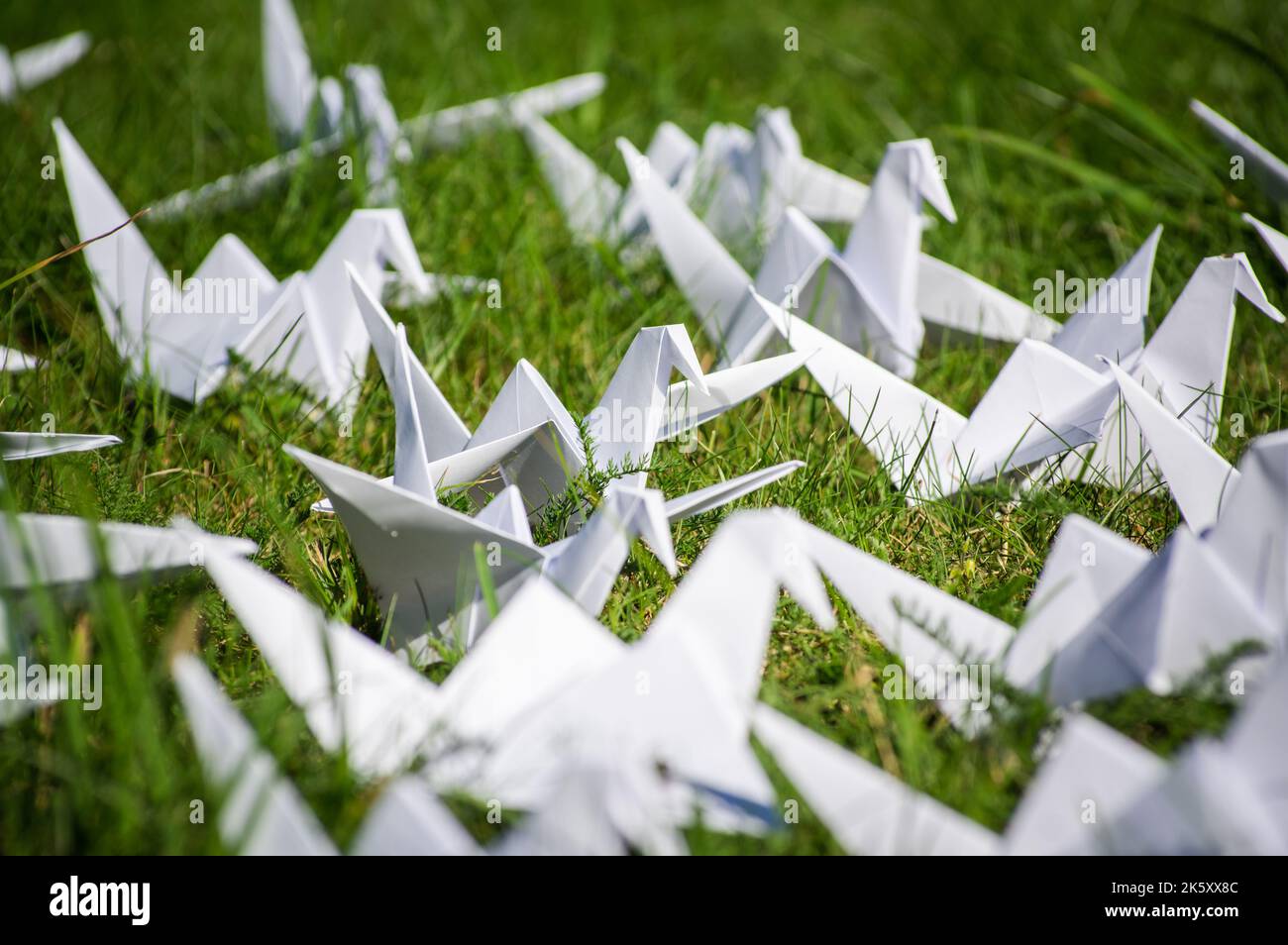 Japanese folded Origami cranes on fresh grass. Hundreds handmade paper ...