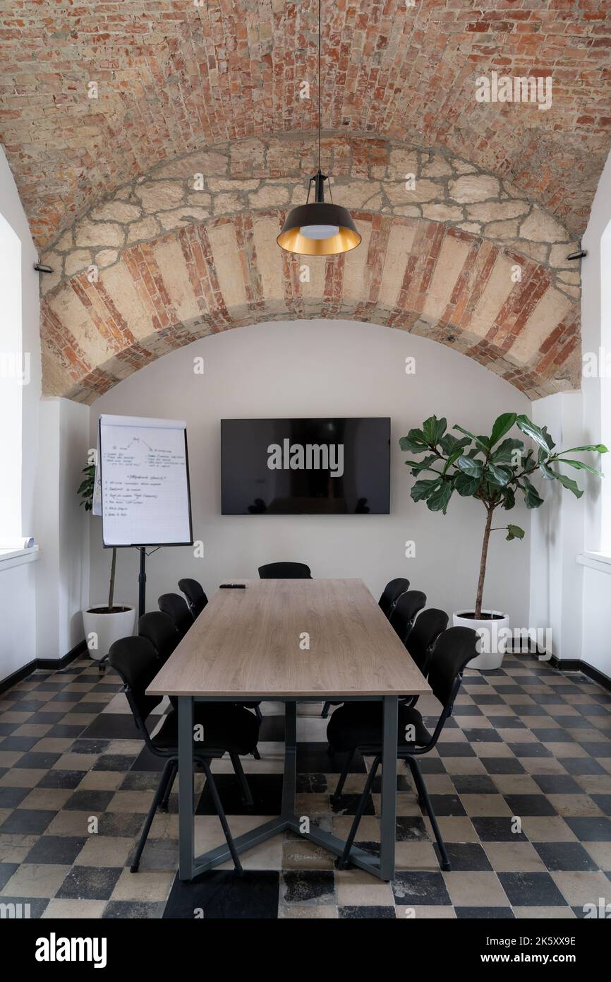 Front view of a modern office, conference room, interior with a wood ...