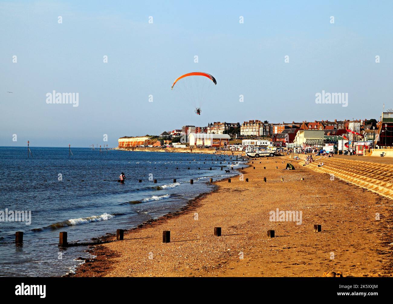 Hunstanton Beach, town, hang glider, Wash coast, Norfolk, England, UK ...