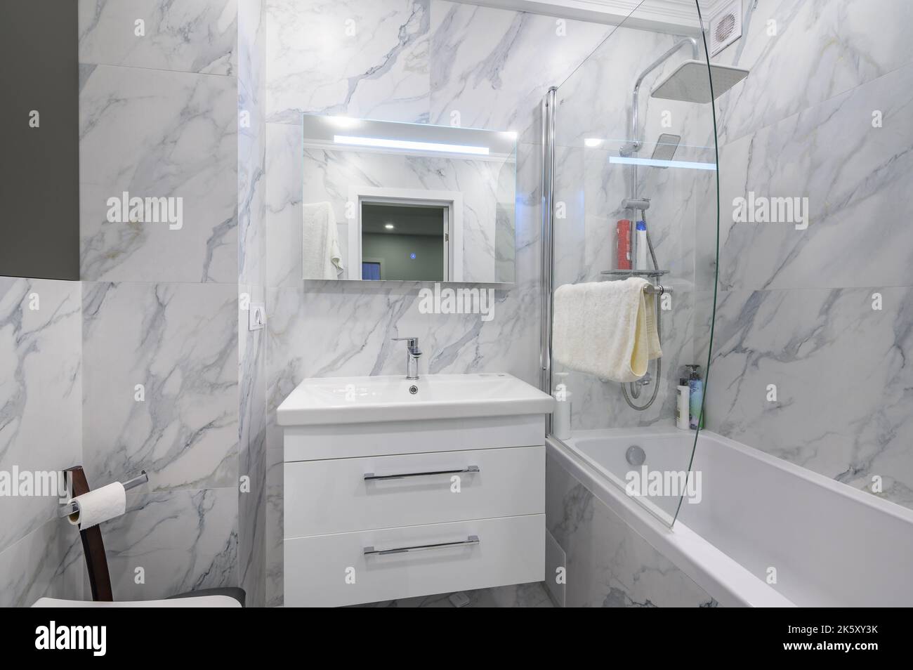 Modern white marble bathroom interior Stock Photo - Alamy