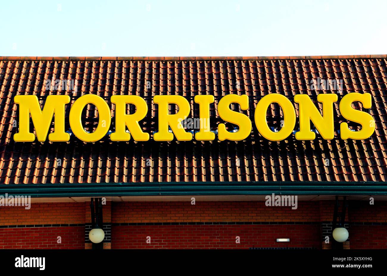 Morrisons supermarket, sign, logo, Fakenham, Norfolk, England, UK Stock ...