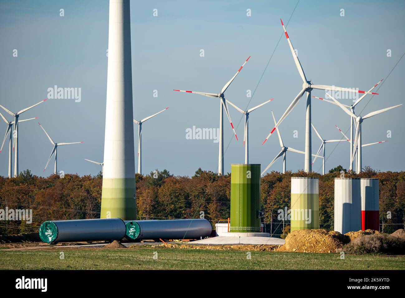Construction site of a new wind turbine, modules of the tower, wind ...