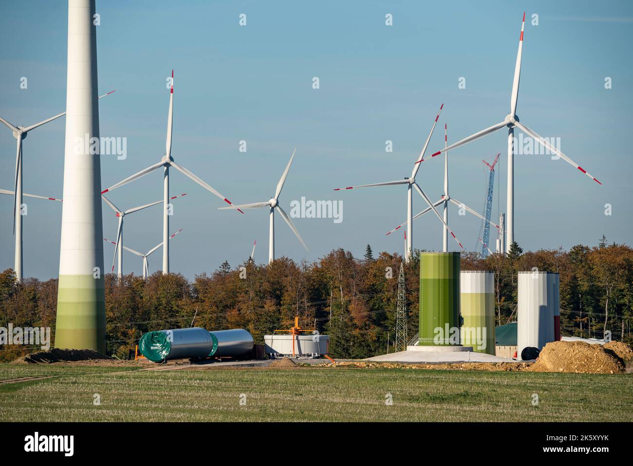 Construction site of a new wind turbine, modules of the tower, wind ...