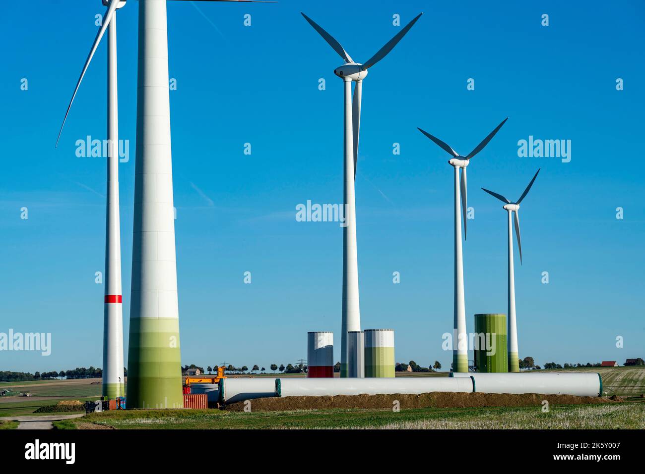 Construction site of a new wind turbine, modules of the tower, wind ...