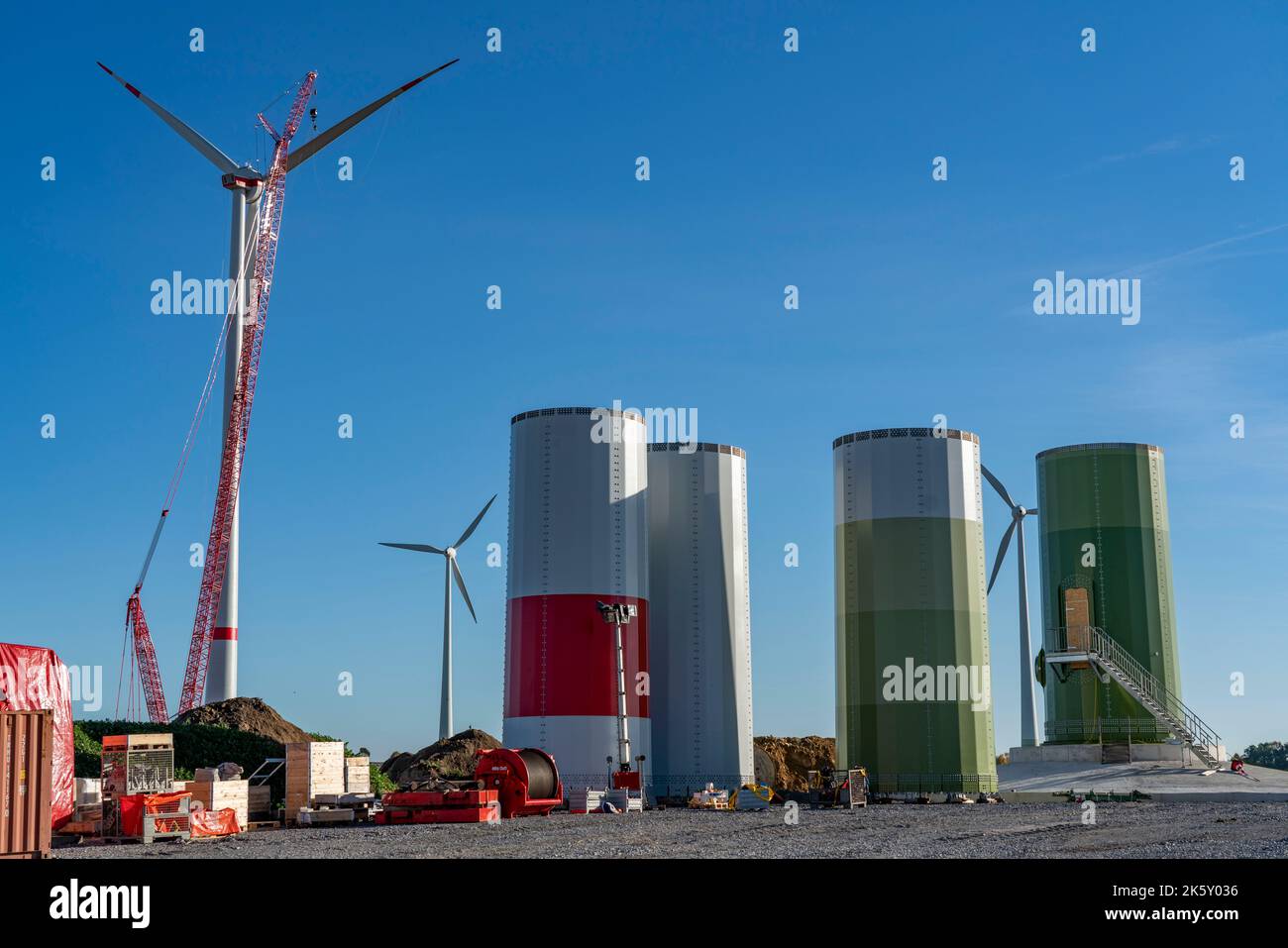 Construction site of a new wind turbine, modules of the tower, wind ...
