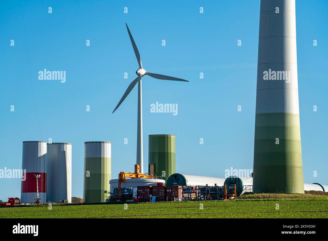 Construction site of a new wind turbine, modules of the tower, wind ...
