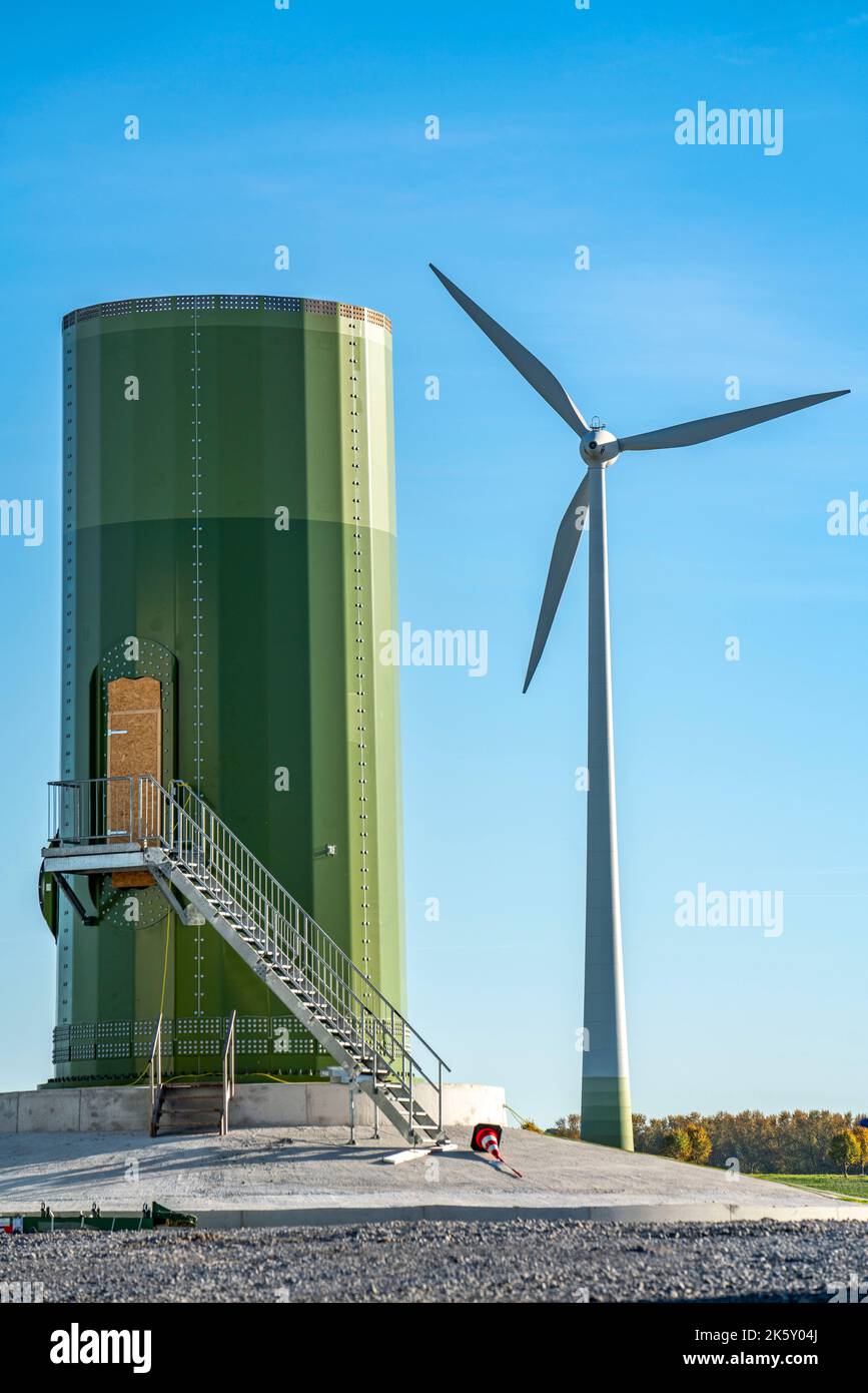 Construction site of a new wind turbine, modules of the tower, wind ...