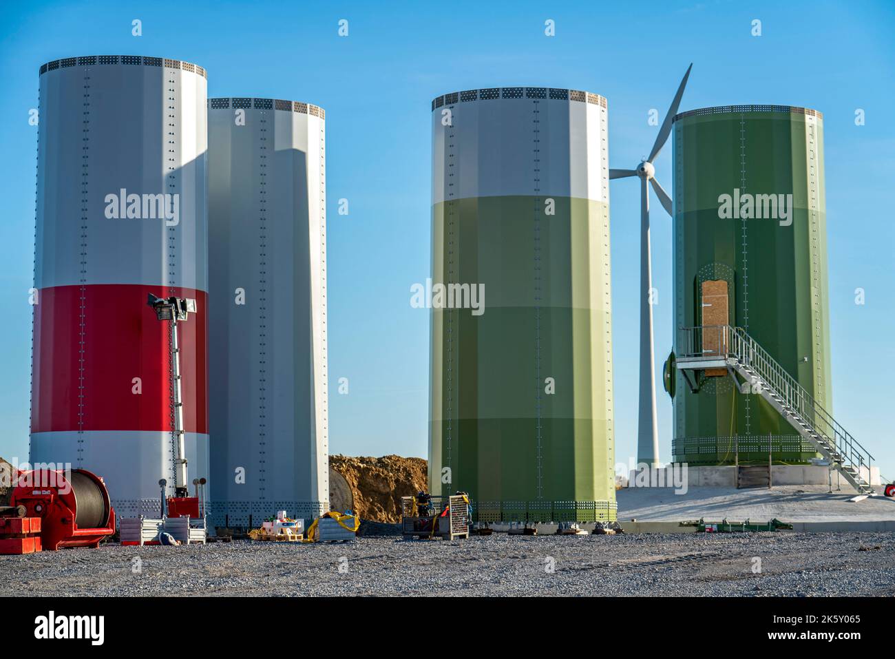 Construction site of a new wind turbine, modules of the tower, wind ...