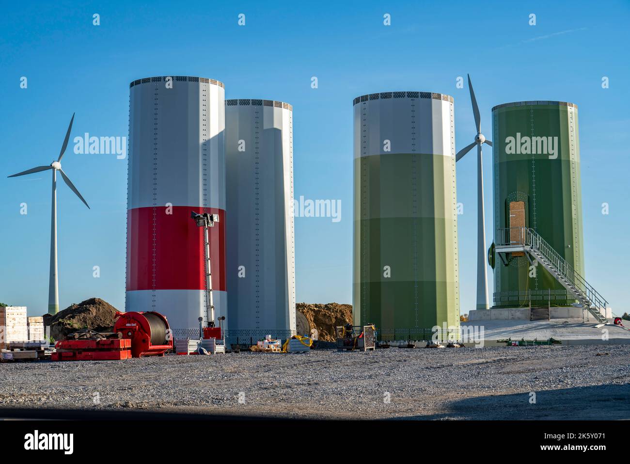 Construction site of a new wind turbine, modules of the tower, wind ...