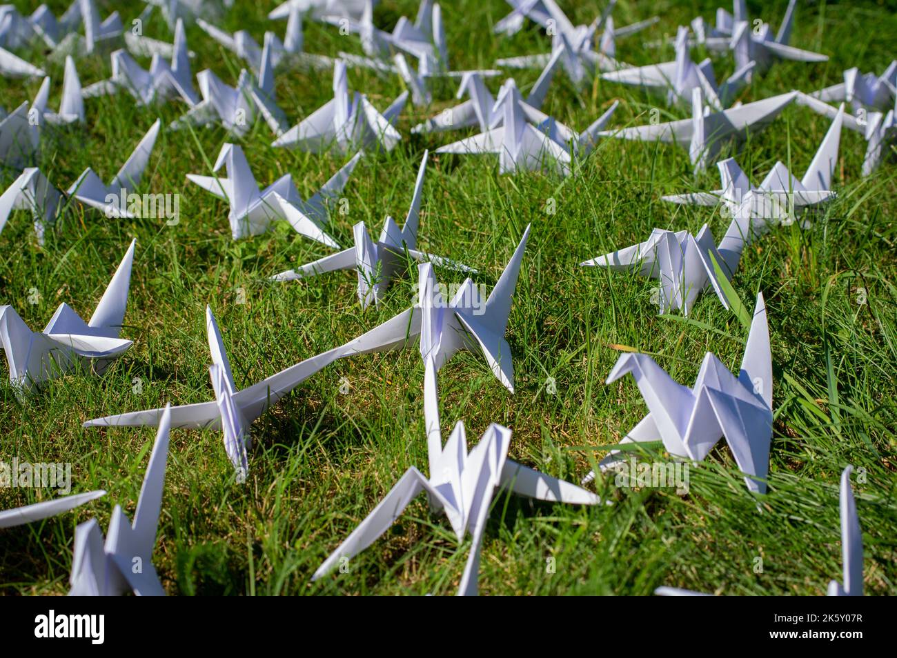 Japanese folded Origami cranes on fresh grass. Hundreds handmade paper ...