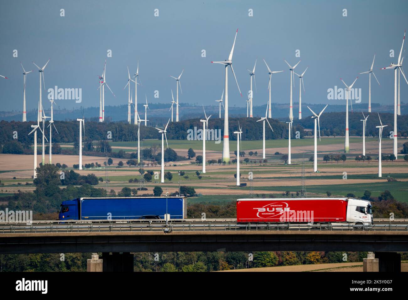 Wind farm near Lichtenau, bridge of the A44 motorway, Ostwestfalen ...