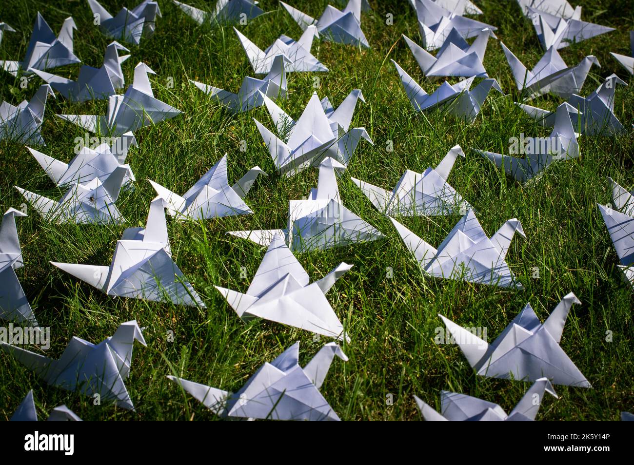 Japanese folded Origami cranes on fresh grass. Hundreds handmade paper ...