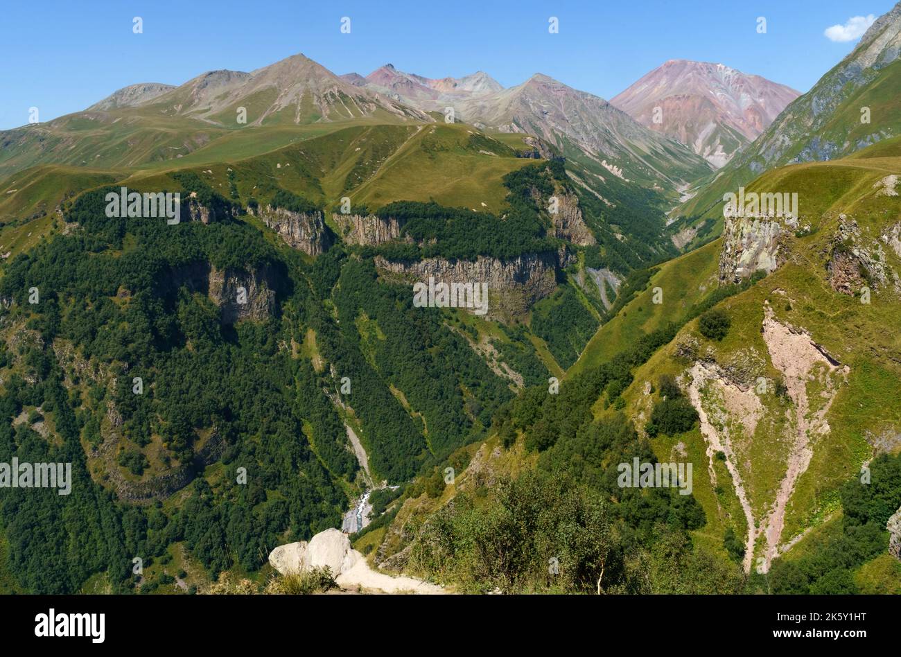 Mountain landscape. View of mountains, forest and gorges in Gudauri ...
