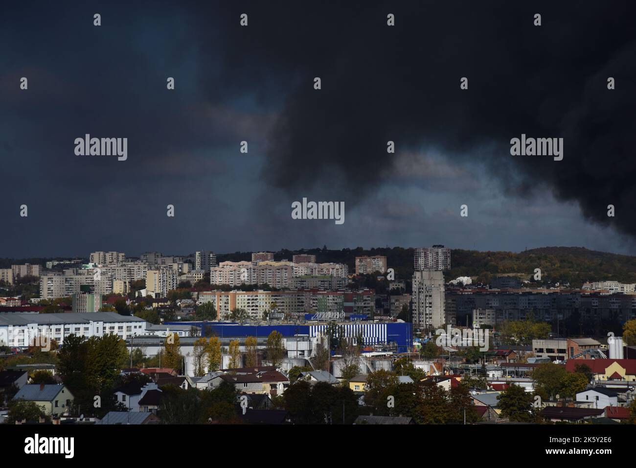 Lviv, Ukraine. 10th Oct, 2022. Smoke rises above the buildings after ...