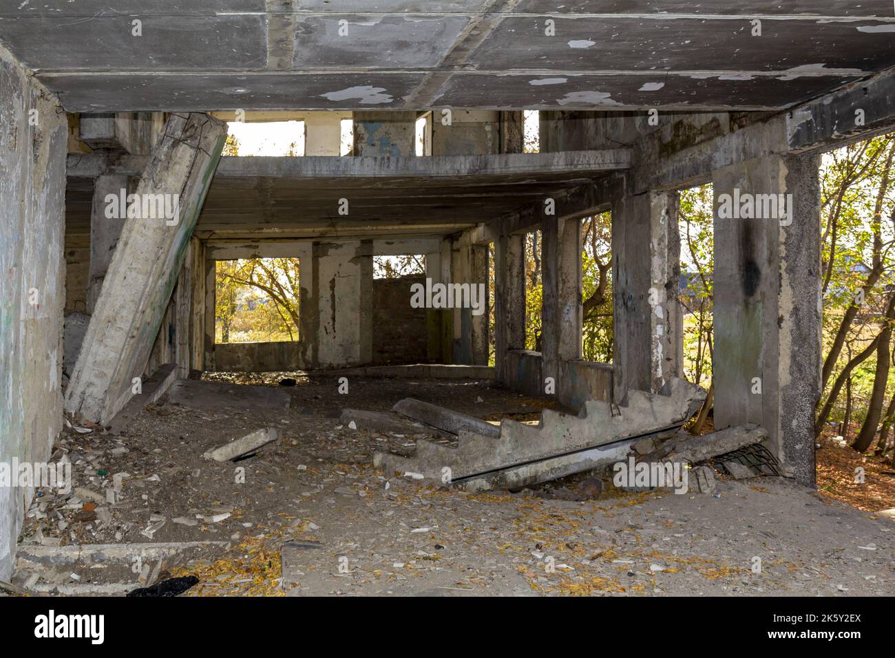 Destroyed after the bombing of the ceiling slabs in an industrial ...