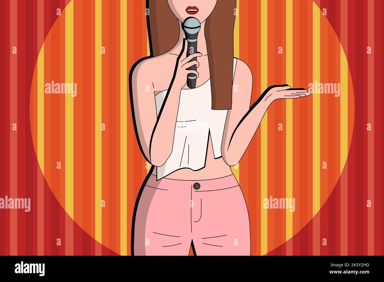 Stand up female comedian speaking a live show. Woman with microphone on ...