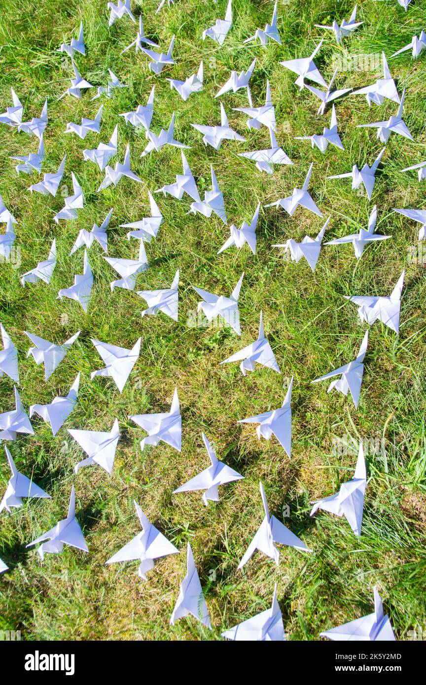 Japanese folded Origami cranes on fresh grass. Hundreds handmade paper ...
