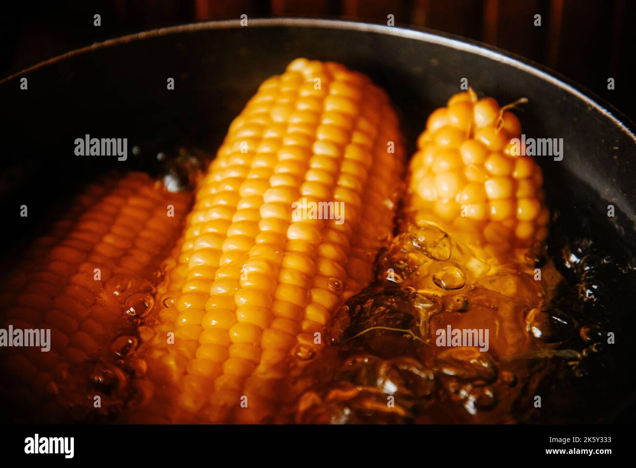 Orange juicy corn is boiled in water with salt. Corn in boiling water ...
