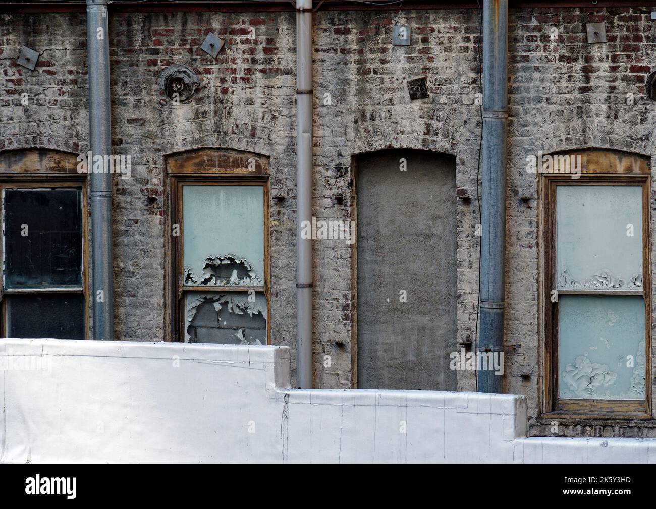 Old factory buildings in run-down condition behind the San Francisco ...