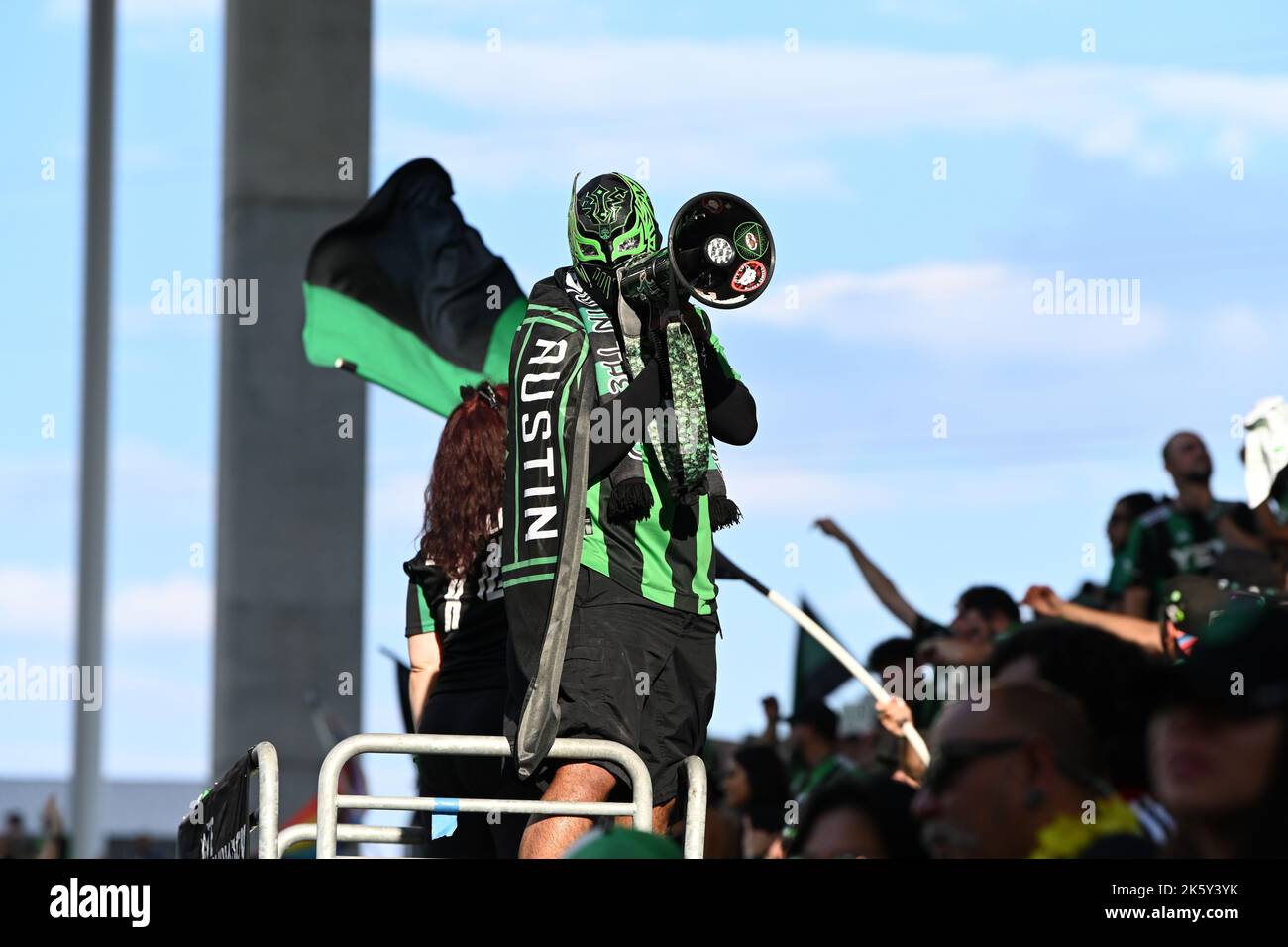 AUSTIN, TX - OCTOBER 9: An Austin FC fan fires up the crowd during game ...