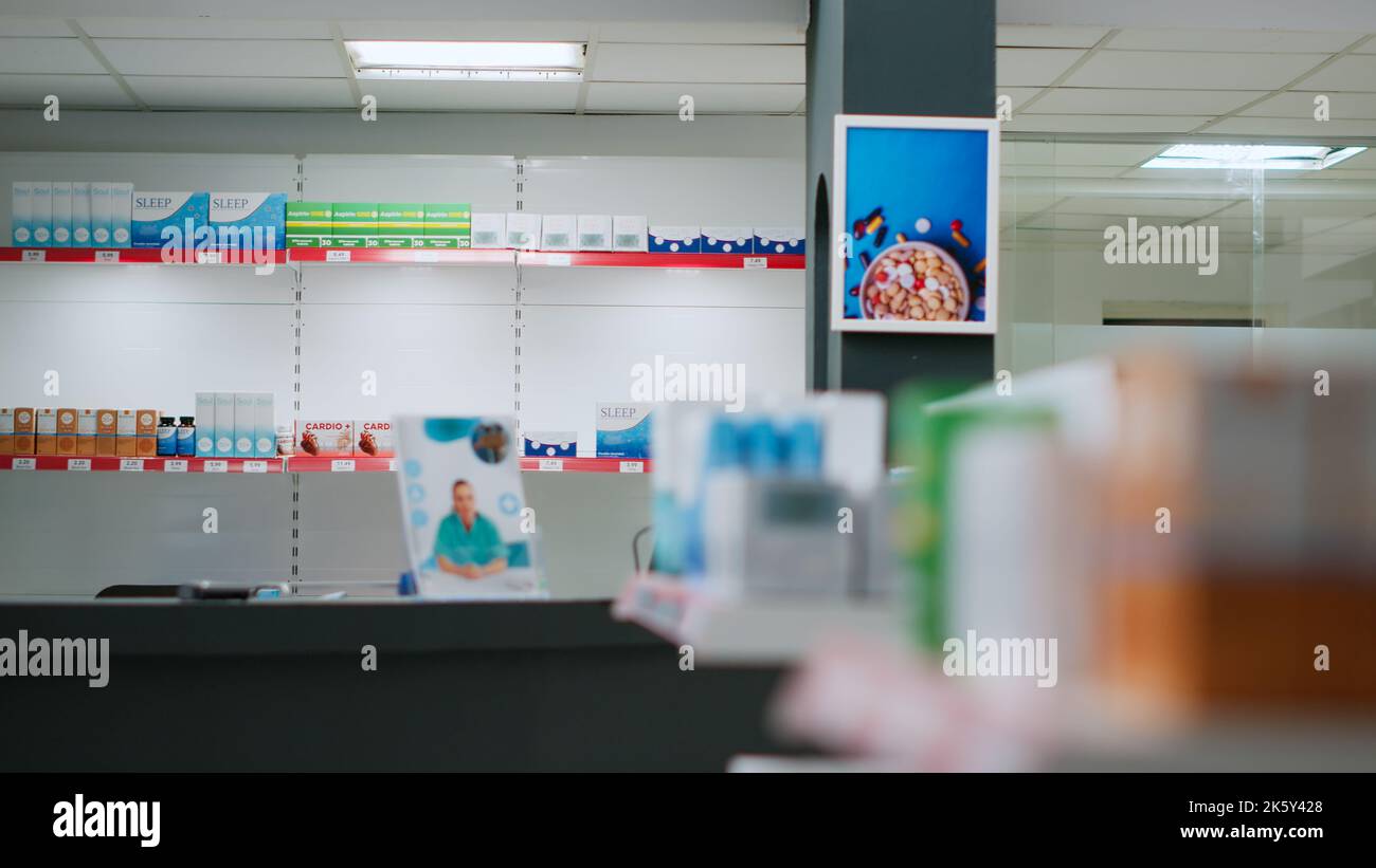 Empty pharmacy shop with boxes and packages on medicaments, retail ...