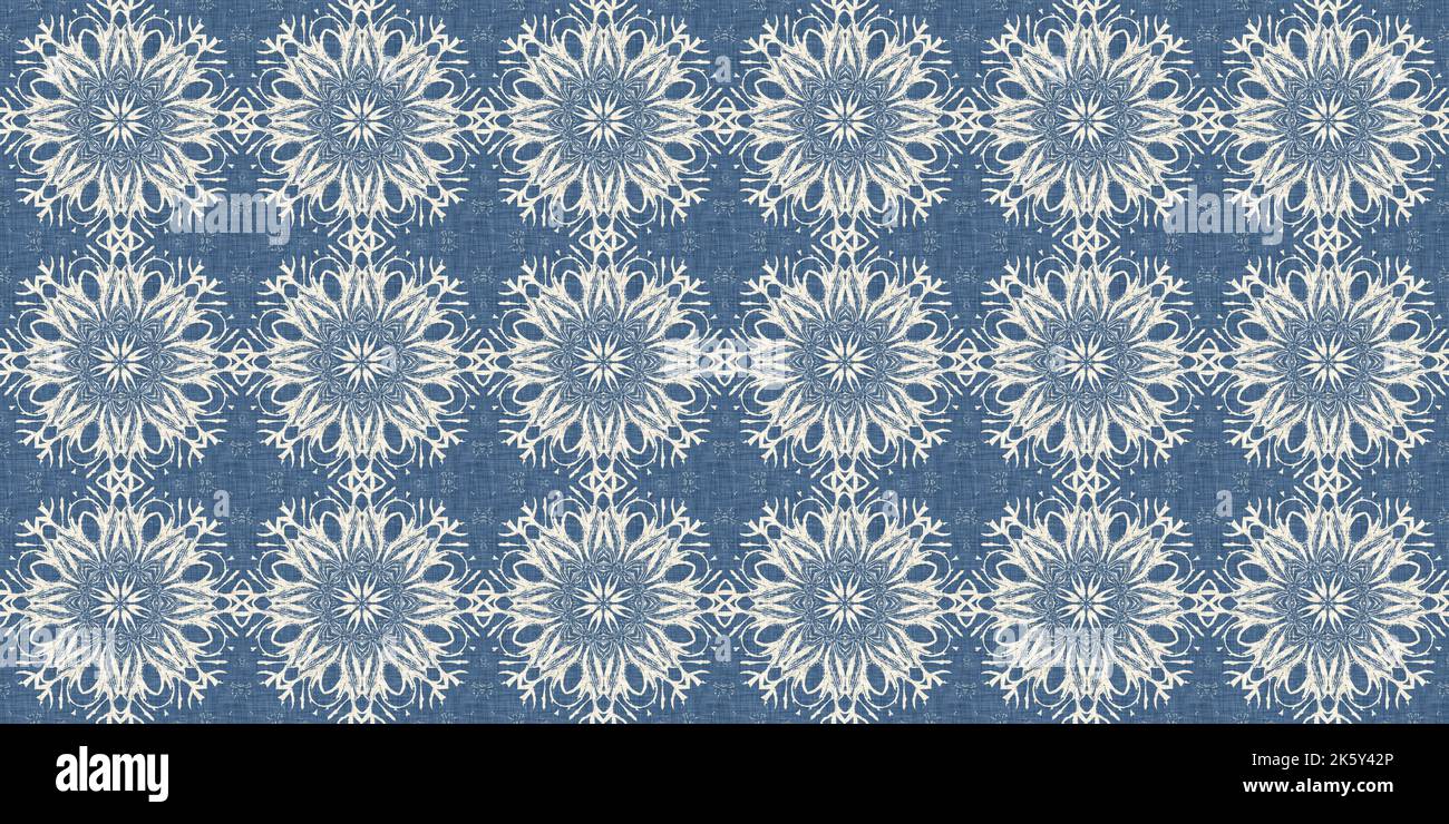Farmhouse blue snow flake border background. Frosty damask french ...