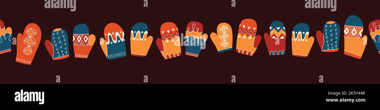 Colorful Retro Knitted Mittens Vector Seamless Horizontal Pattern ...