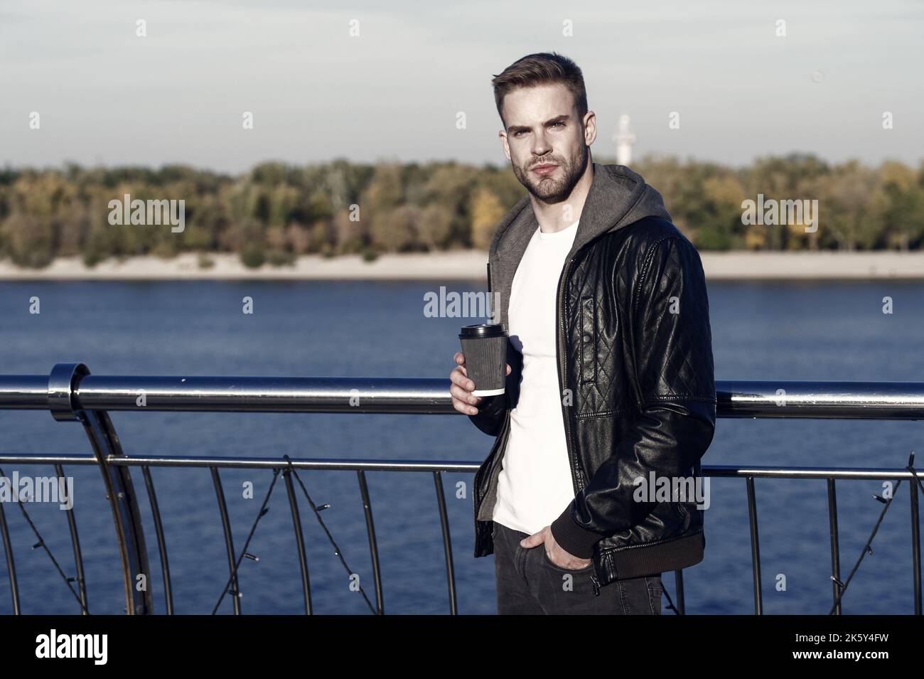 Idyllic morning. Hipster hold paper coffee cup. Coffee break. Drink it ...