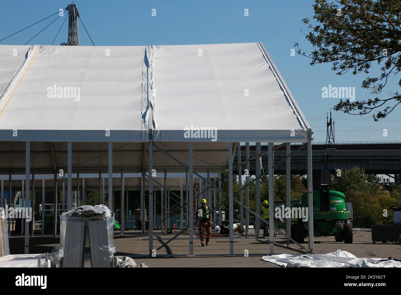 New York, USA. 9th Oct, 2022. Laborers work at the construction site of ...