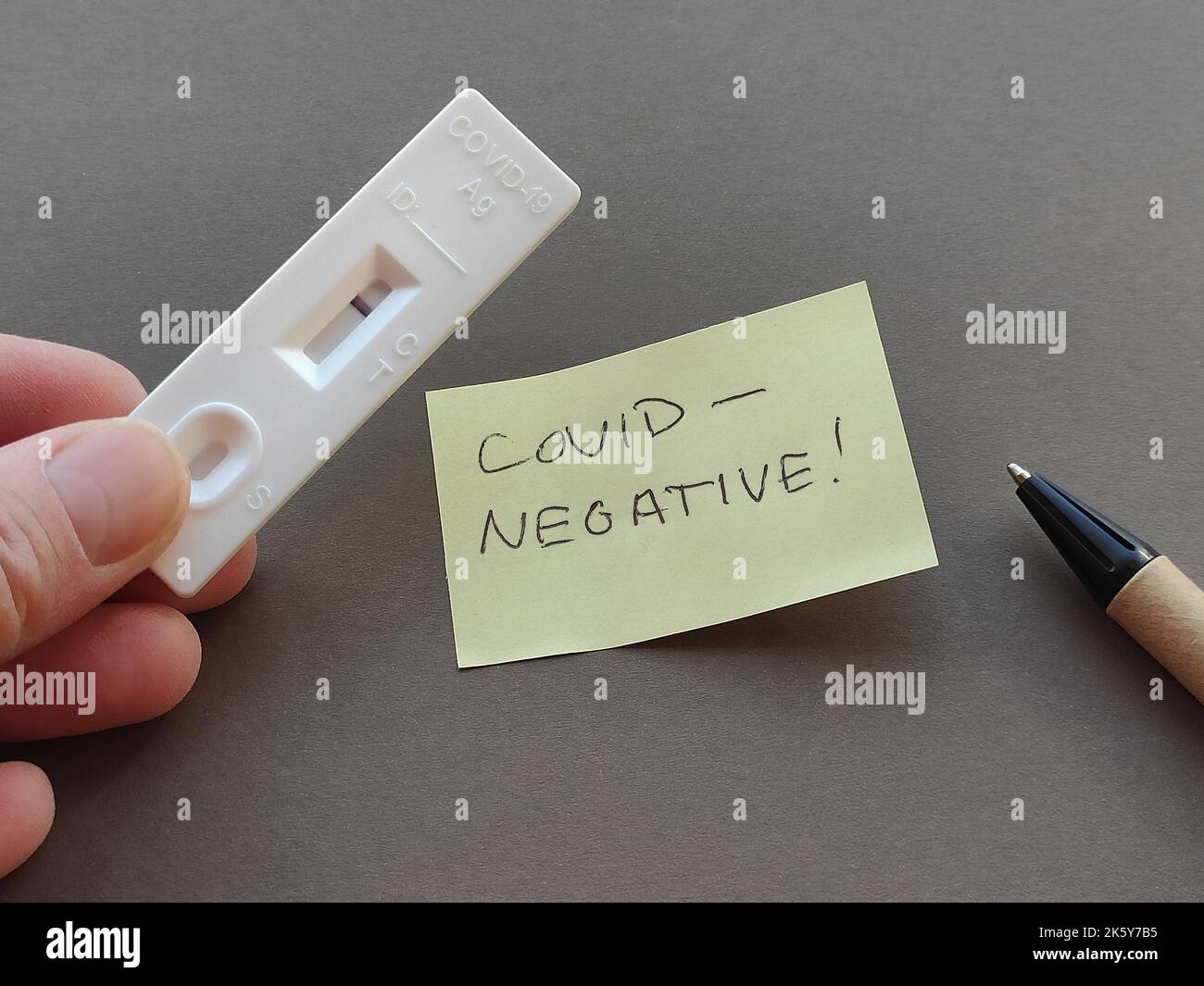 Negative Covid test in hand, close-up on Covid-negative caption, text ...