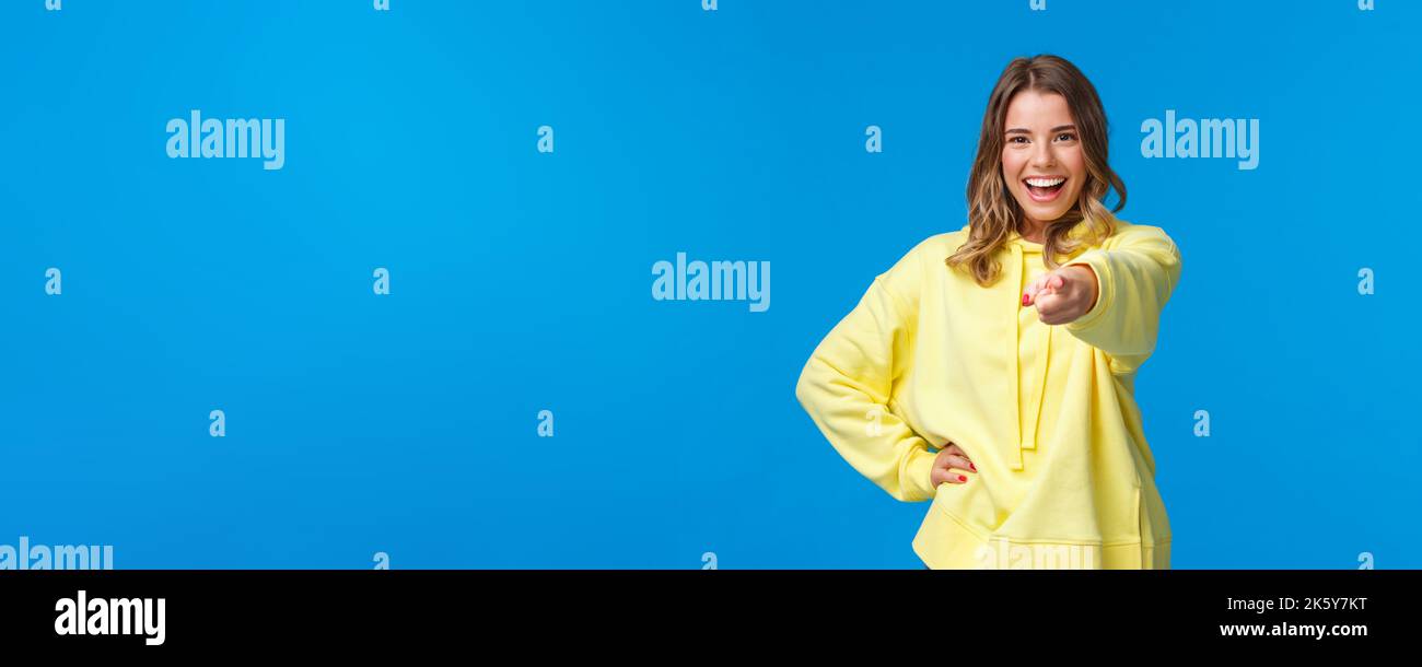 I choose you. Confident and cool young blond hipster girl with short ...