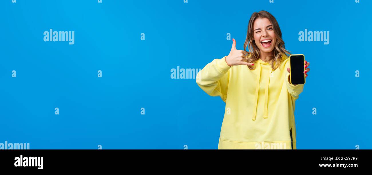 Girl say hit me up as trying get hot guy number, holding smartphone ...