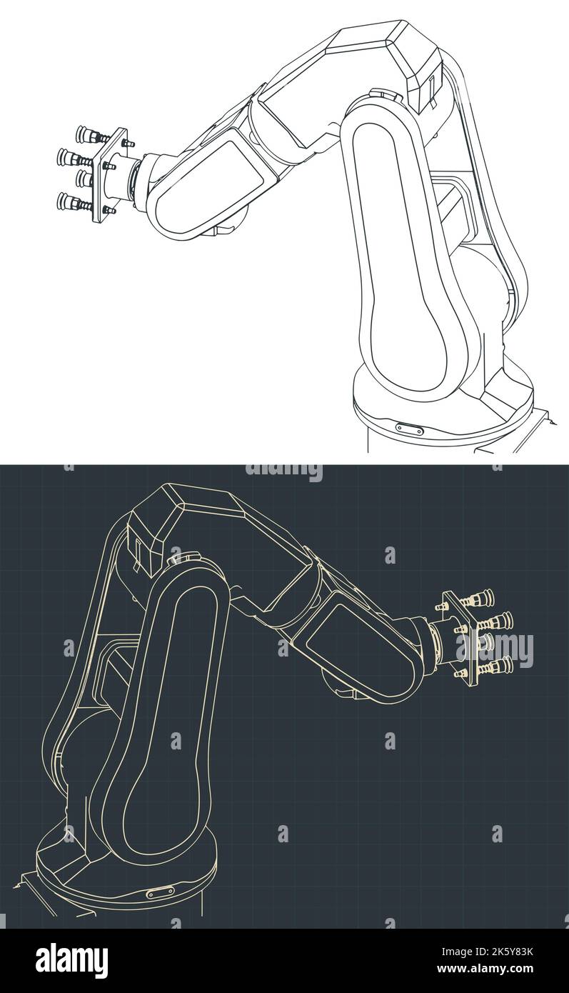 Stylized vector illustration of blueprints of industrial robot with ...