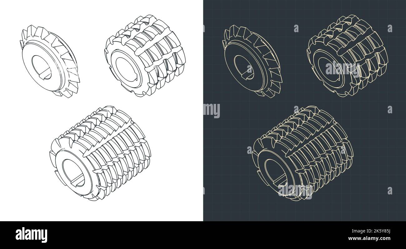 Stylized vector illustration of isometric blueprints of milling cutters ...