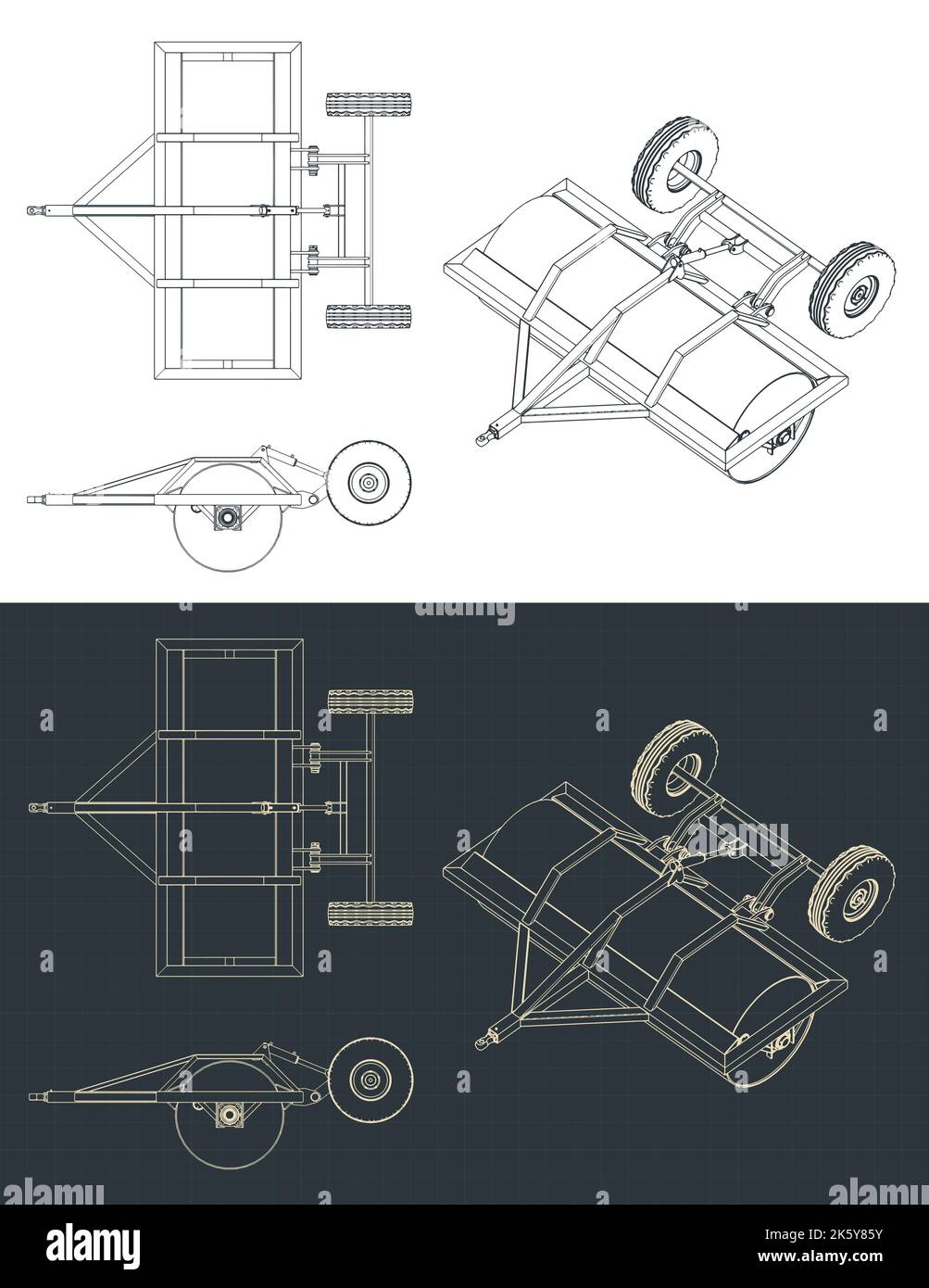 Stylized vector illustration of blueprints of land roller for tractor ...