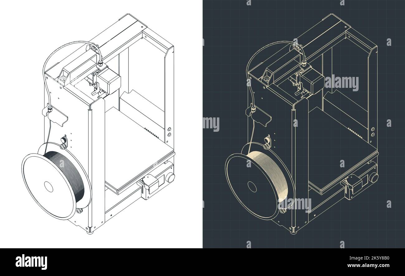 Stylized vector illustrations of isometric blueprints of 3D Printer ...