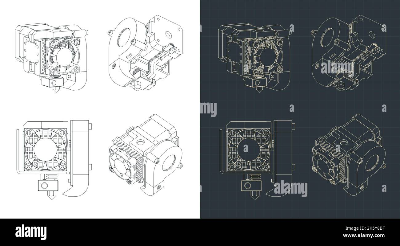 Stylized vector illustrations of blueprints of 3d printer extruder ...
