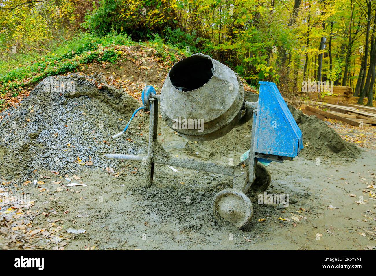 Industrial concrete mixer at construction site. Preparation of concrete ...