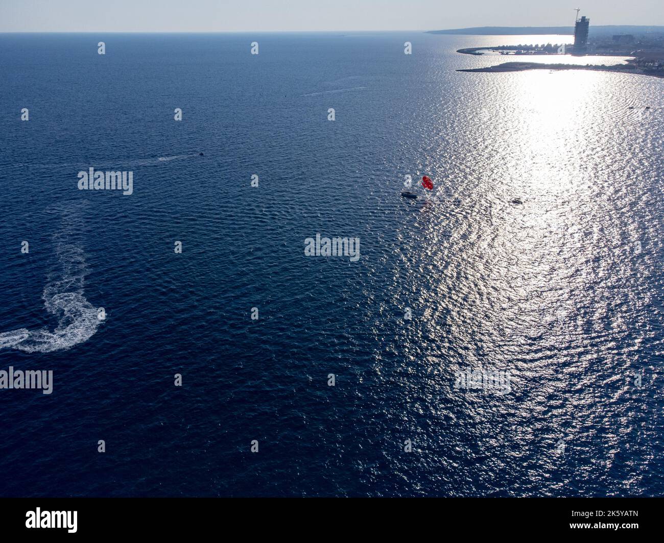 Aerial panoramic view on blue crystal clear water on Mediterranean sea ...